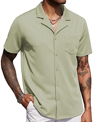 COOFANDY Men's Short Sleeve Button Down Shirt Wrinkle Free Untucked Dress Shirts Summer Beach Fitted Cuban Shirt Green