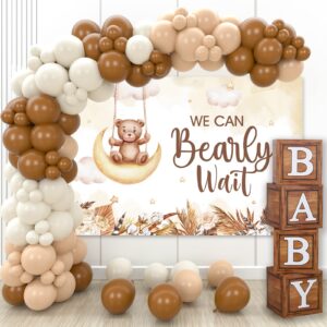 datamoon teddy bear baby shower party decorations - wood grain boxes with baby letters, 90pcs nude and brown balloons, boho backdrop “we can bearly wait” for baby shower, gender reveal,birthday party