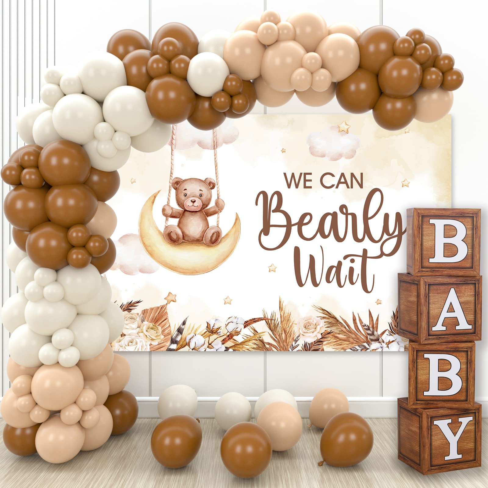 DataMoon Teddy Bear Baby Shower Party Decorations - Wood Grain Boxes with Baby Letters, 90PCS Nude and Brown Balloons, Boho Backdrop “We Can Bearly Wait” for Baby Shower, Gender Reveal,Birthday Party