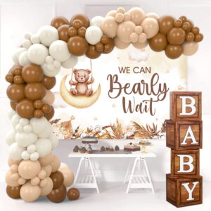 DataMoon Teddy Bear Baby Shower Party Decorations - Wood Grain Boxes with Baby Letters, 90PCS Nude and Brown Balloons, Boho Backdrop “We Can Bearly Wait” for Baby Shower, Gender Reveal,Birthday Party