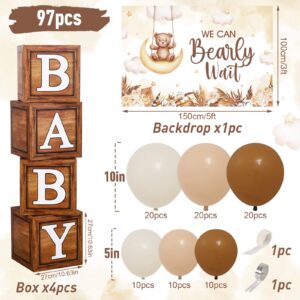 DataMoon Teddy Bear Baby Shower Party Decorations - Wood Grain Boxes with Baby Letters, 90PCS Nude and Brown Balloons, Boho Backdrop “We Can Bearly Wait” for Baby Shower, Gender Reveal,Birthday Party