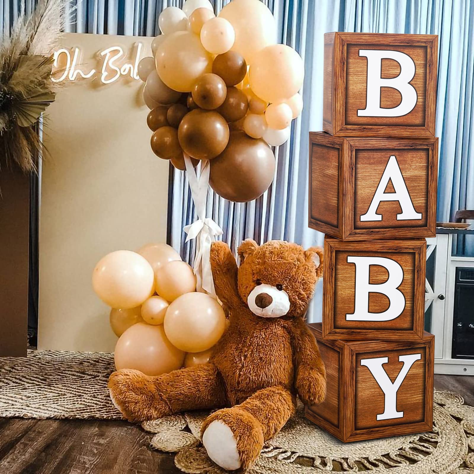 DataMoon Teddy Bear Baby Shower Party Decorations - Wood Grain Boxes with Baby Letters, 90PCS Nude and Brown Balloons, Boho Backdrop “We Can Bearly Wait” for Baby Shower, Gender Reveal,Birthday Party