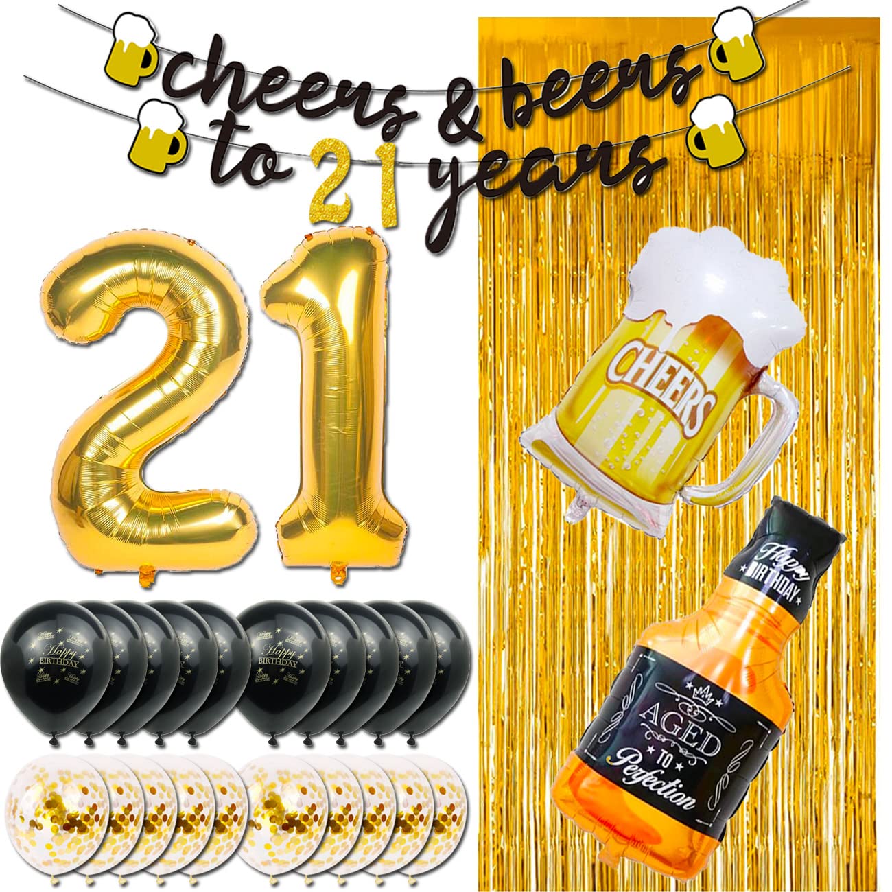 21st Birthday Decorations for Him, 21st Birthday Decorations with 40 Inch Gold 21 Number Balloons, Cheers to 21 Years Banner,Fringe Curtains and Cups Foil Balloons