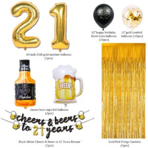 21st Birthday Decorations for Him, 21st Birthday Decorations with 40 Inch Gold 21 Number Balloons, Cheers to 21 Years Banner,Fringe Curtains and Cups Foil Balloons