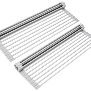 Surpahs Over Sink Foldable Multipurpose Roll-Up Dish Drying Rack, Silicone Wrapped Stainless Steel,Warm Gray, 20.5" x 15.5" (Pack of 2)