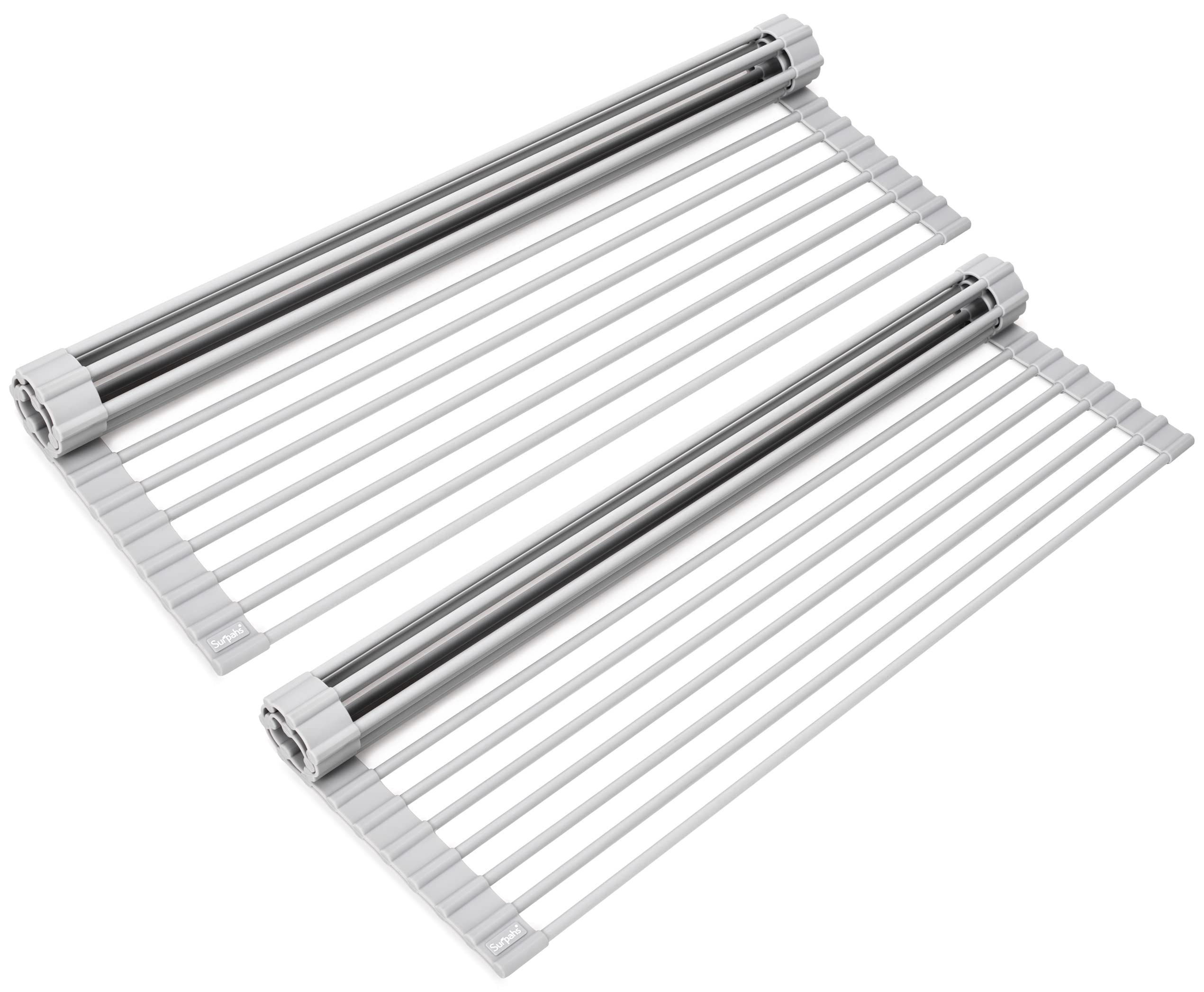 Surpahs Over Sink Foldable Multipurpose Roll-Up Dish Drying Rack, Silicone Wrapped Stainless Steel,Warm Gray, 20.5" x 15.5" (Pack of 2)