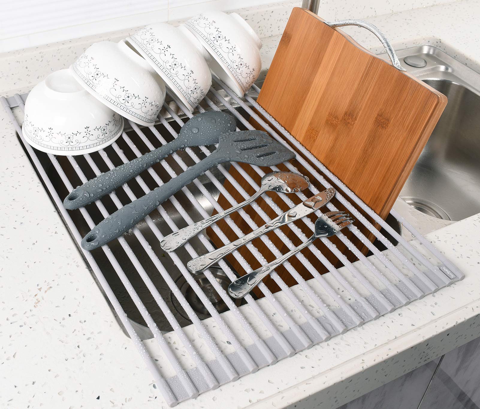 Surpahs Over Sink Foldable Multipurpose Roll-Up Dish Drying Rack, Silicone Wrapped Stainless Steel,Warm Gray, 20.5" x 15.5" (Pack of 2)