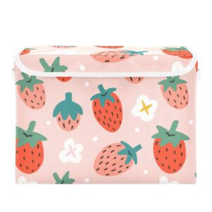 kigai storage basket cute strawberry storage boxes with lids and handle, large storage cube bin collapsible for shelves closet bedroom living room, 16.5x12.6x11.8 in