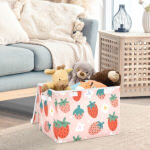 Kigai Storage Basket Cute Strawberry Storage Boxes with Lids and Handle, Large Storage Cube Bin Collapsible for Shelves Closet Bedroom Living Room, 16.5x12.6x11.8 In