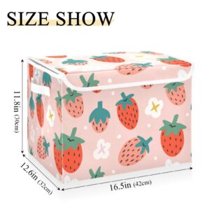 Kigai Storage Basket Cute Strawberry Storage Boxes with Lids and Handle, Large Storage Cube Bin Collapsible for Shelves Closet Bedroom Living Room, 16.5x12.6x11.8 In