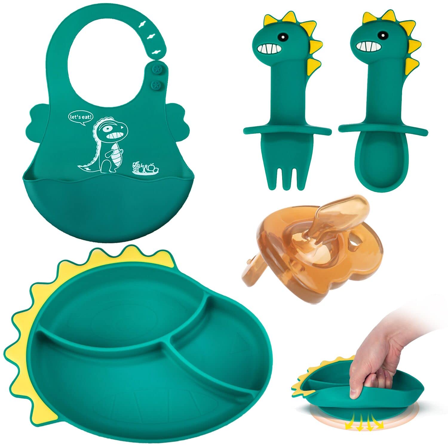 5 Pack Silicone Baby Feeding Set, 1 Pack Divided Toddler Suction Plates 1Pack Fork and Spoon with 1Pack Baby Bibs, Baby Led Weaning Supplies Baby Dishes Set Infant Self Feeding Eating Utensils - Green