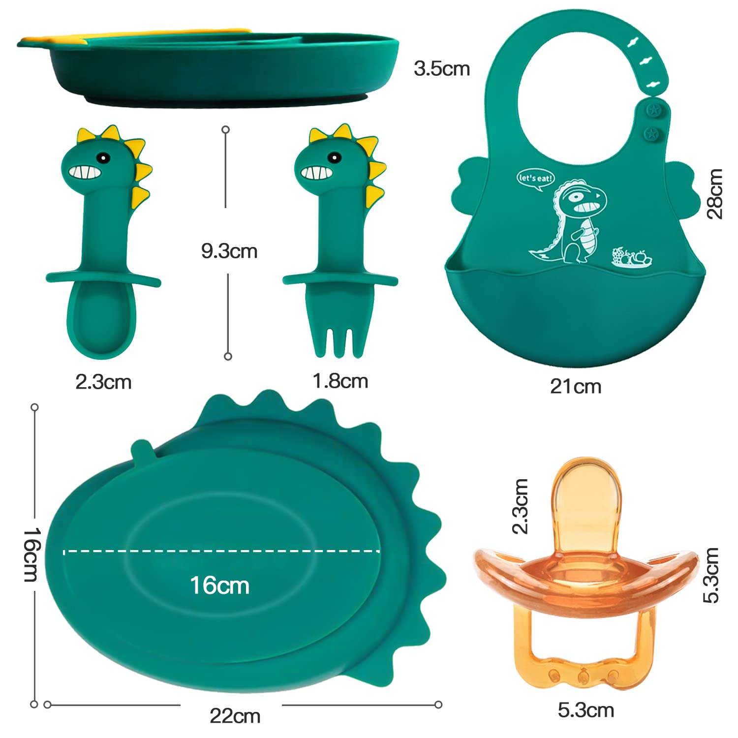 5 Pack Silicone Baby Feeding Set, 1 Pack Divided Toddler Suction Plates 1Pack Fork and Spoon with 1Pack Baby Bibs, Baby Led Weaning Supplies Baby Dishes Set Infant Self Feeding Eating Utensils - Green