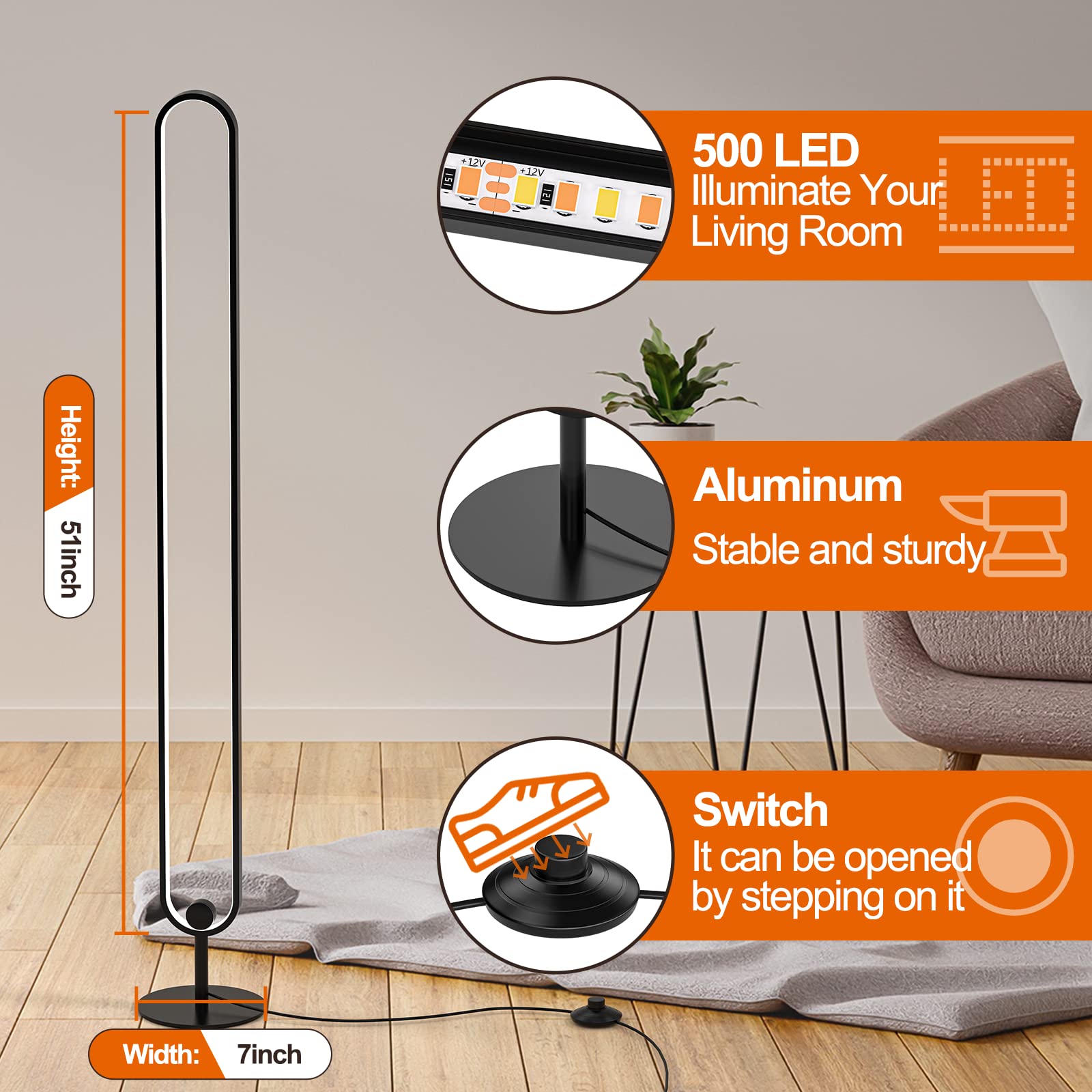 SPECILITE Modern Floor Lamp LED, 51.2" Corner Light Bar with Stepless Dimmable 3000-6500K, Standing Minimalist Tall Lamp with Adjustable Brightness for Living Room, Bedroom