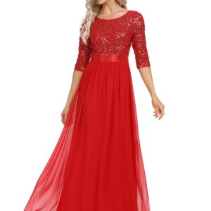 Ever-Pretty Women's Elegant A Line Crew Neck Half Sleeve Sequin Maxi Evening Dress Red US06