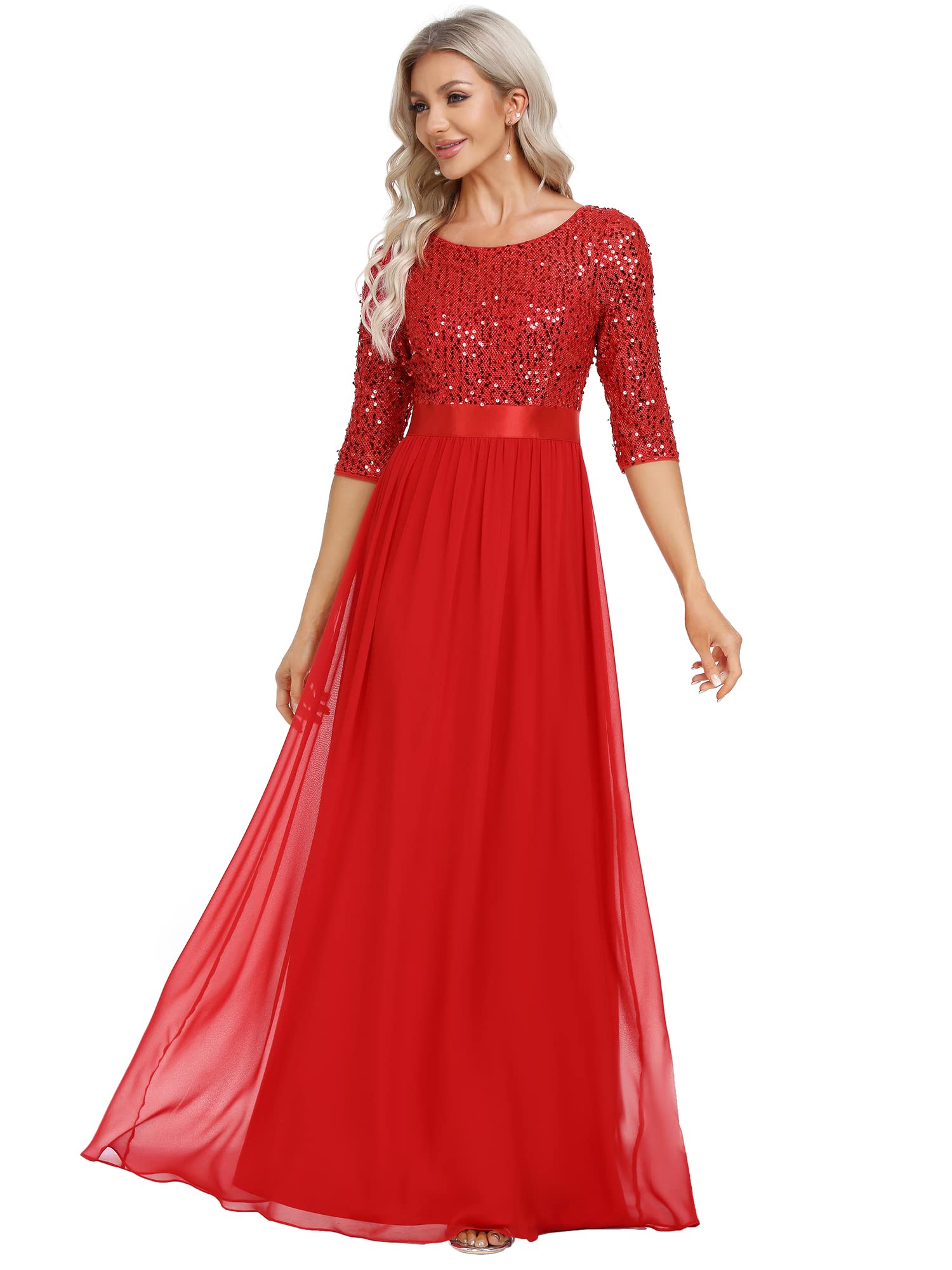 Ever-Pretty Women's Elegant A Line Crew Neck Half Sleeve Sequin Maxi Evening Dress Red US06