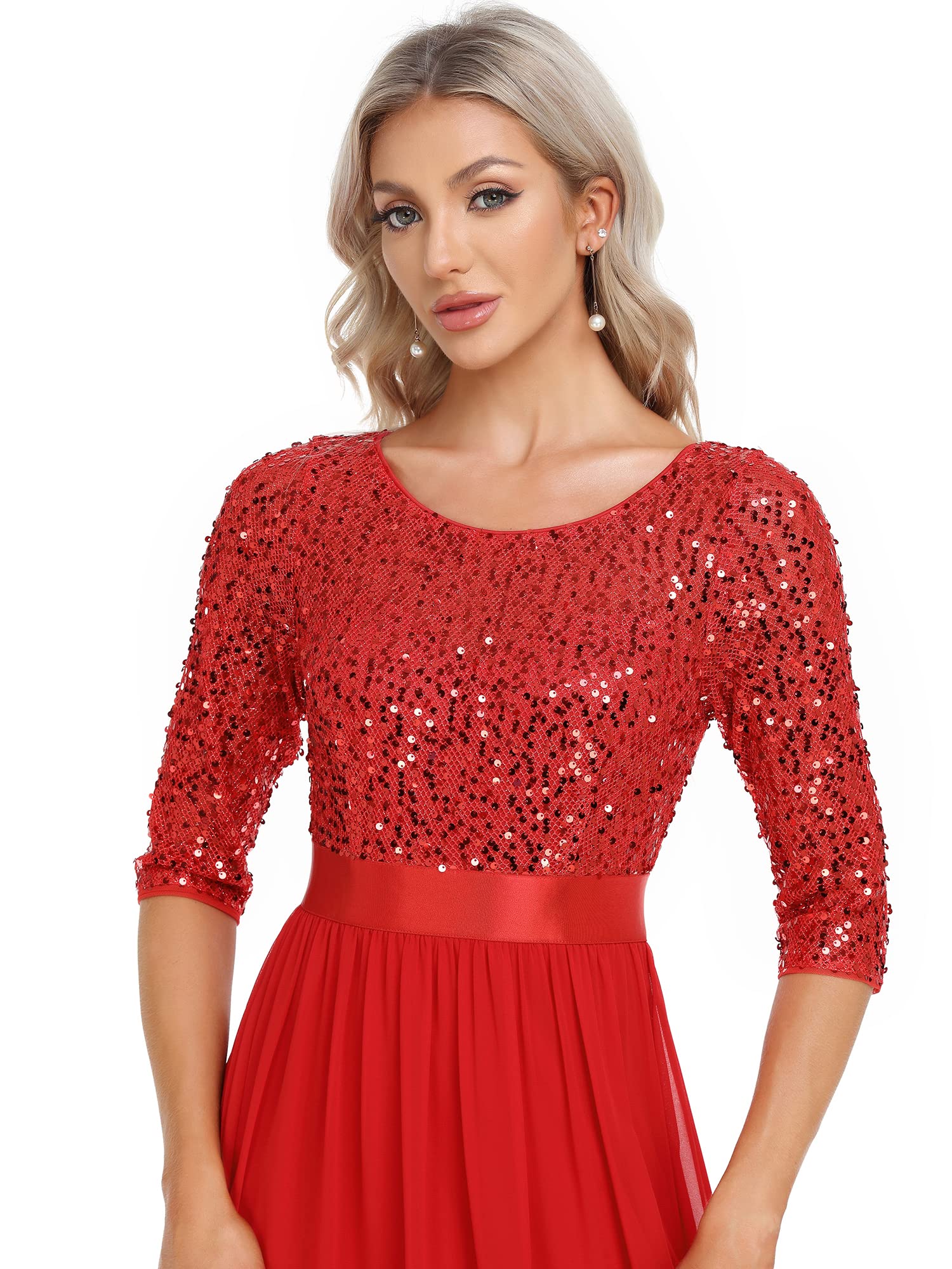 Ever-Pretty Women's Elegant A Line Crew Neck Half Sleeve Sequin Maxi Evening Dress Red US06