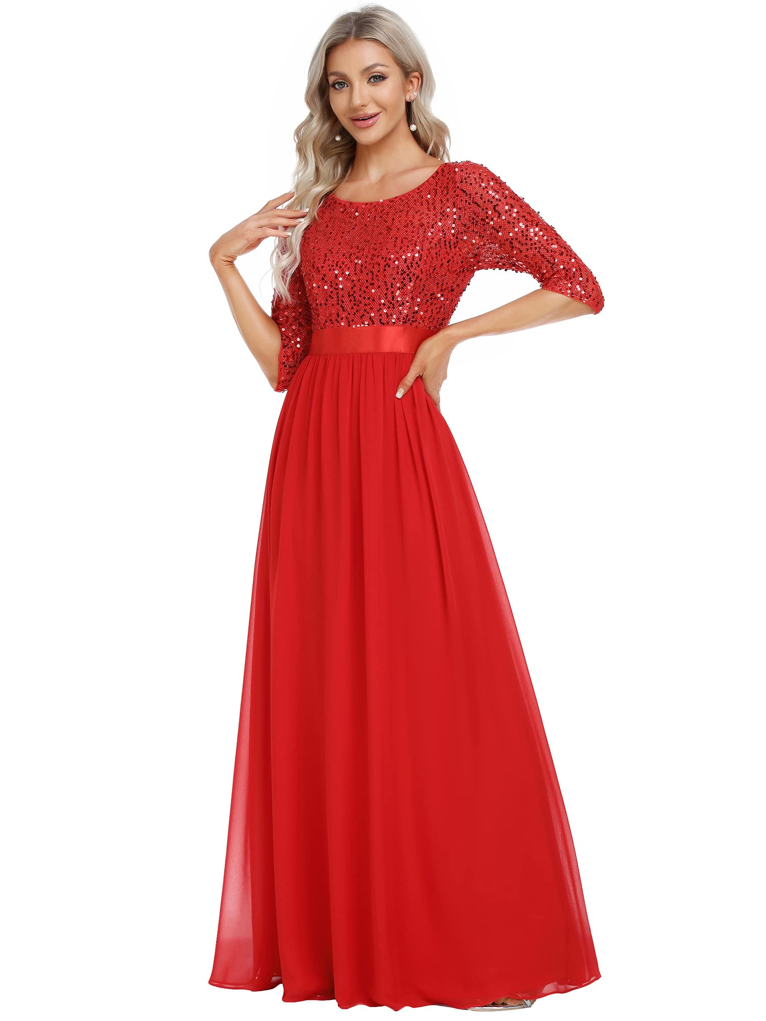 Ever-Pretty Women's Elegant A Line Crew Neck Half Sleeve Sequin Maxi Evening Dress Red US06