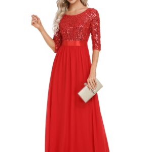 Ever-Pretty Women's Elegant A Line Crew Neck Half Sleeve Sequin Maxi Evening Dress Red US06