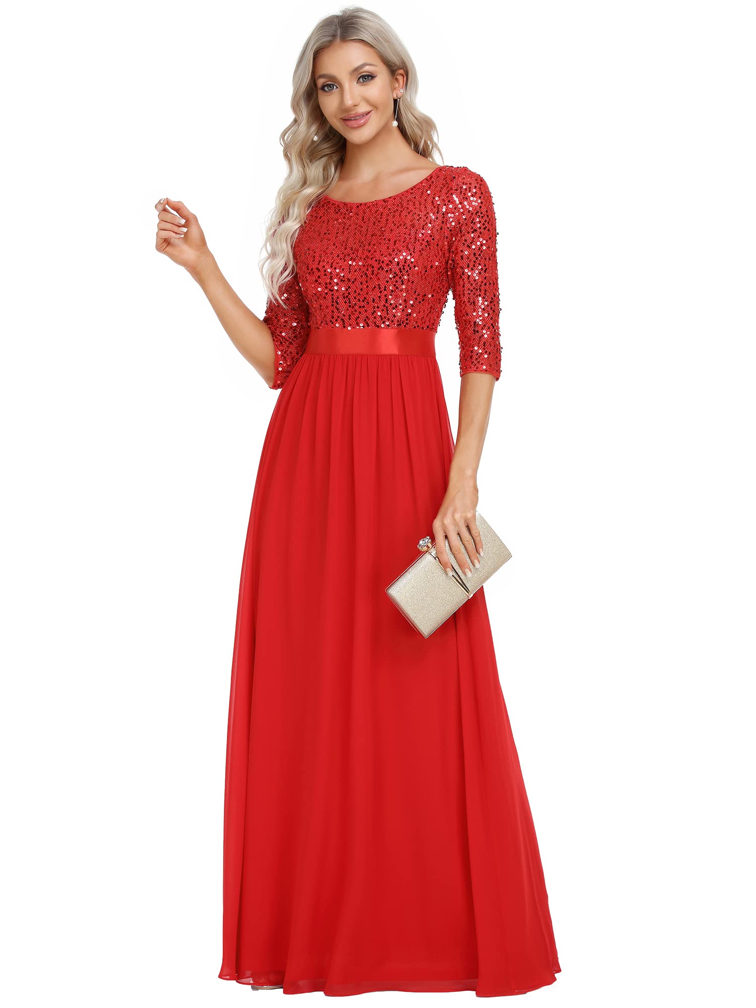 Ever-Pretty Women's Elegant A Line Crew Neck Half Sleeve Sequin Maxi Evening Dress Red US06