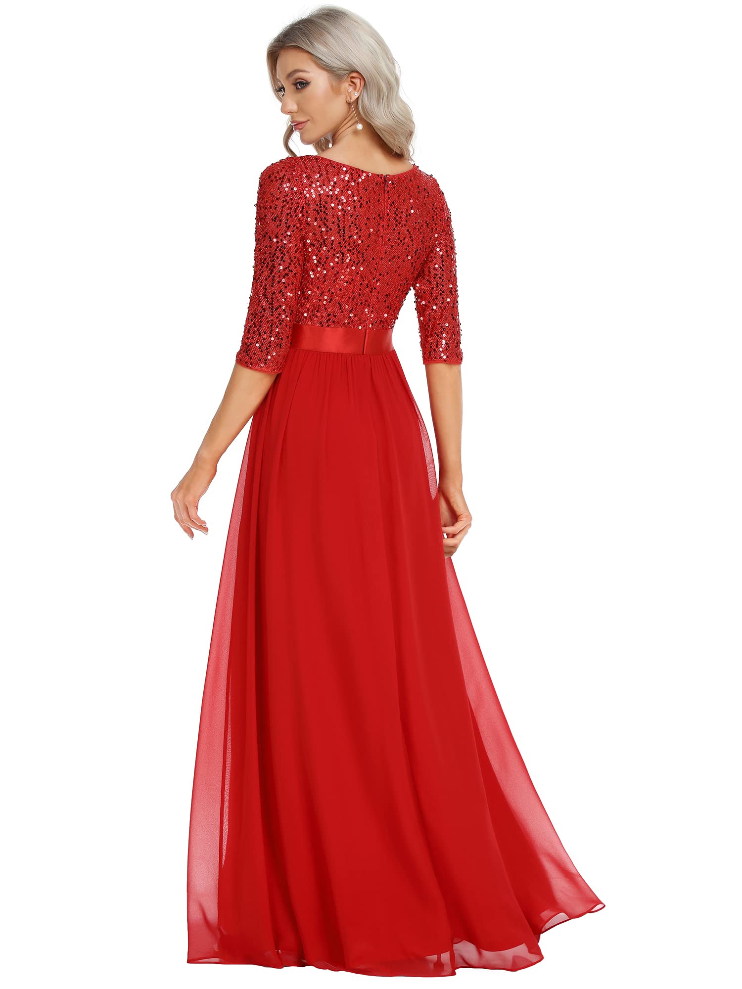 Ever-Pretty Women's Elegant A Line Crew Neck Half Sleeve Sequin Maxi Evening Dress Red US06