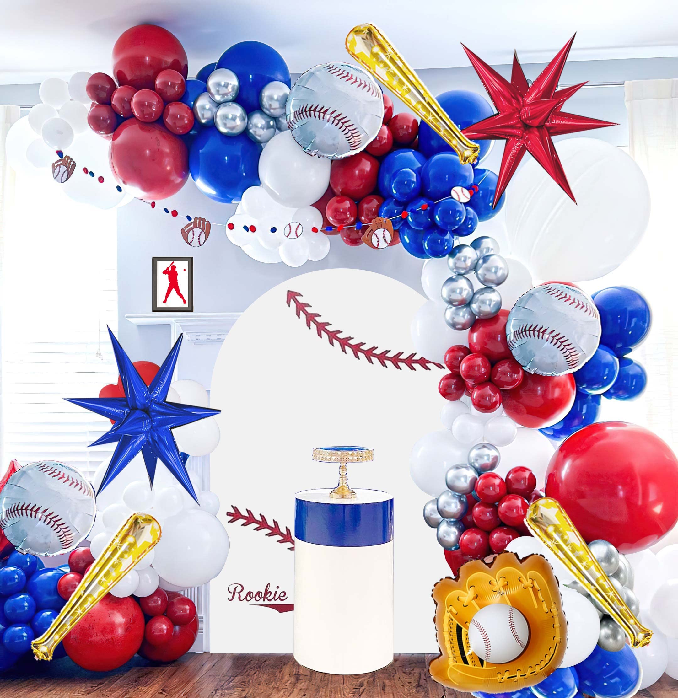 Baseball Balloon garland arch kit 150pcs Red Blue White Silver and Starburst Baseball bat glove balloons fot Sport theme Party Rookie Year 1st Birthday decorations