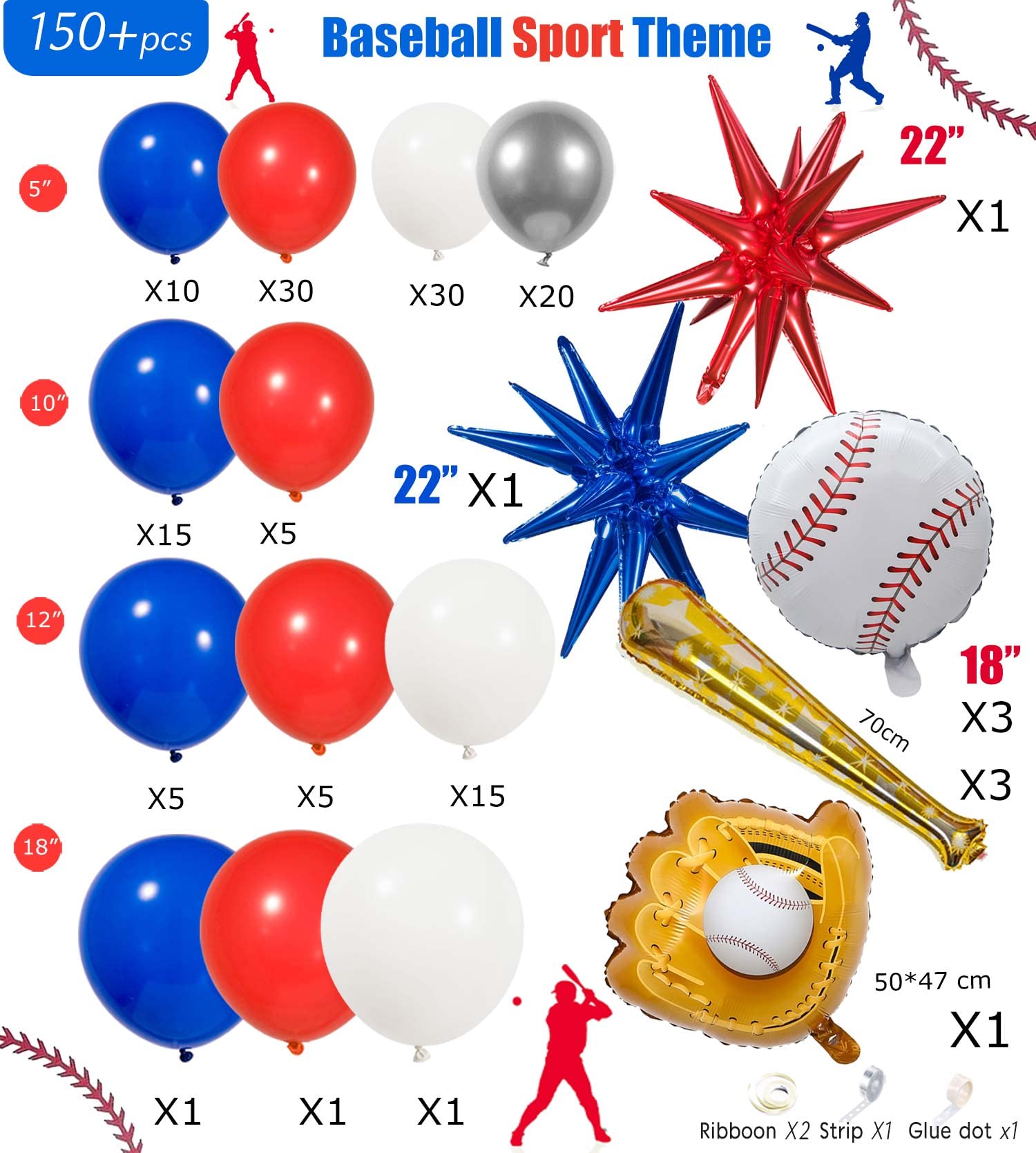 Baseball Balloon garland arch kit 150pcs Red Blue White Silver and Starburst Baseball bat glove balloons fot Sport theme Party Rookie Year 1st Birthday decorations