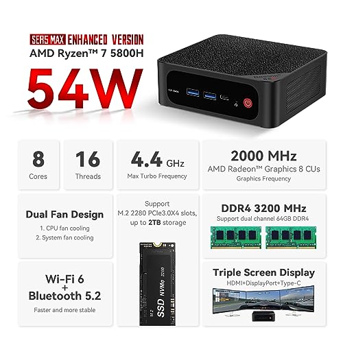 Beelink SER5 MAX Mini PC, AMD Ryzen 7 5800H (8C/16T, up to 4.4GHz), 16GB RAM 500GB PCle3.0 SSD, Mini Gaming Computer Support 4K Triple Display/WiFi6/BT5.2/USB3.2/DP+HDMI/Type-C