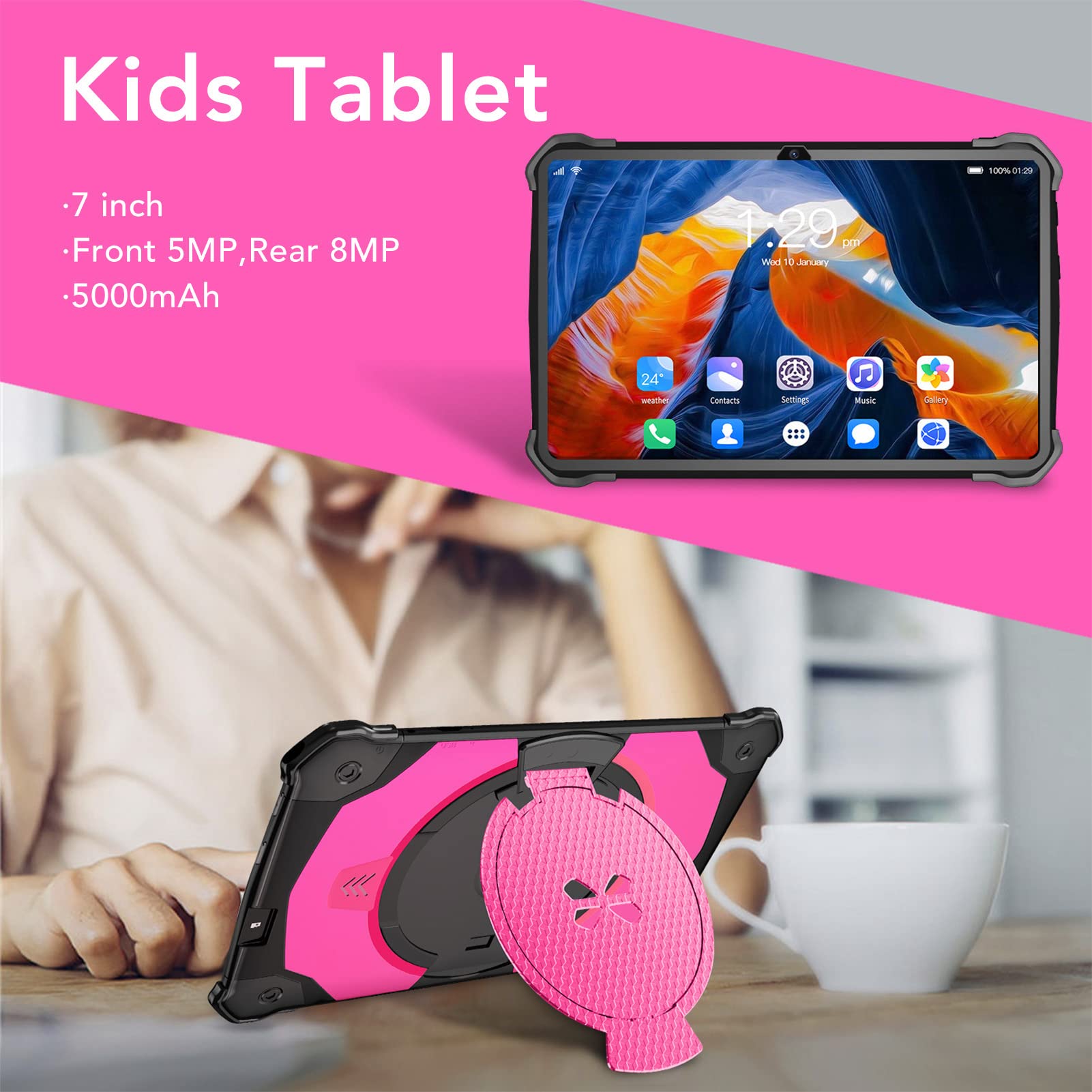 Kids Tablet, 7 inch 2.4G 5G WiFi Toddler Tablet, HD Dual Camera, RAM 4GB ROM 32GB, Octa Cores, Eye Protection Screen, Baby Tablet with Kid Proof Case for Kids, Baby Gifts (Pink)