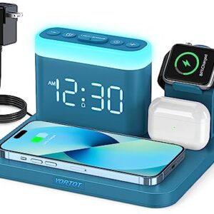 YORTOT Wireless Charging Station Alarm Clock with 7 Multiple Colors Light - 5 in 1 Wireless Charger,Charging Dock for Apple Devices, for iPhone 15 14 13 12 11 Pro Max,Apple Watch,AirPods,0-100% Dimmer