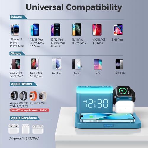 YORTOT Wireless Charging Station Alarm Clock with 7 Multiple Colors Light - 5 in 1 Wireless Charger,Charging Dock for Apple Devices, for iPhone 15 14 13 12 11 Pro Max,Apple Watch,AirPods,0-100% Dimmer