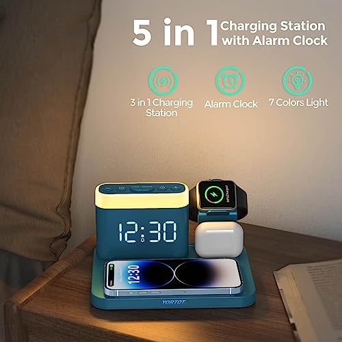 YORTOT Wireless Charging Station Alarm Clock with 7 Multiple Colors Light - 5 in 1 Wireless Charger,Charging Dock for Apple Devices, for iPhone 15 14 13 12 11 Pro Max,Apple Watch,AirPods,0-100% Dimmer