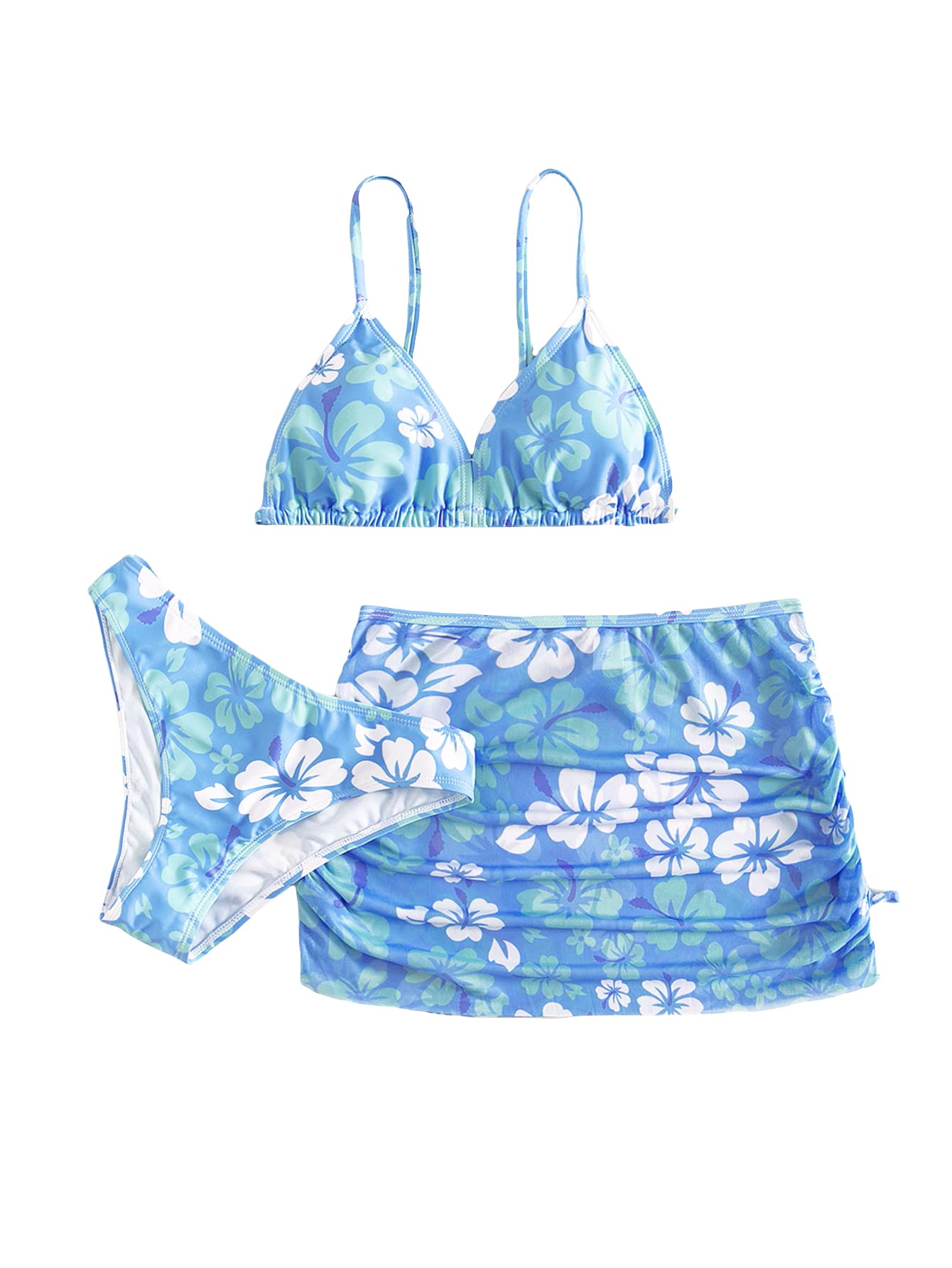 COZYEASE Girls' 3 Piece Set Floral Print Bikini Swimsuit with Drawstring Beach Skirt Cute Ruched Bathing Suit Multicolor Blue 14 Years