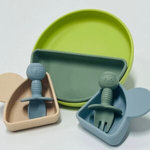 MIX COLOR SILICON BABY FEEDING SET, BABY EATING SUPPLIES, BABY LED WEANING SUPPLIES (Blue Beige Green)