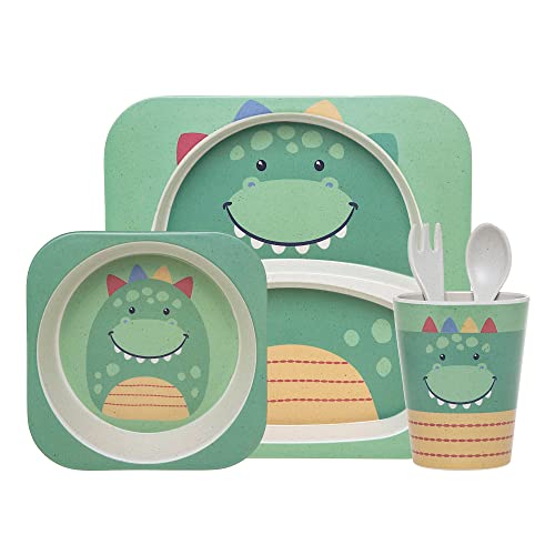 Little Me 5-Pack Bamboo Dinnerware Set - Dishwasher Safe Kids Dishes & Utensils - Dinosaur Plate, Bowl, Cup, Spoon & Fork