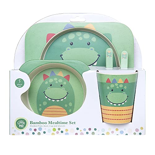 Little Me 5-Pack Bamboo Dinnerware Set - Dishwasher Safe Kids Dishes & Utensils - Dinosaur Plate, Bowl, Cup, Spoon & Fork