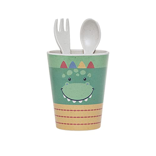 Little Me 5-Pack Bamboo Dinnerware Set - Dishwasher Safe Kids Dishes & Utensils - Dinosaur Plate, Bowl, Cup, Spoon & Fork