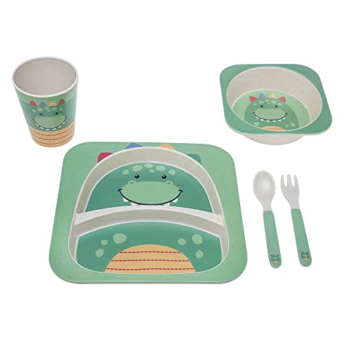 Little Me 5-Pack Bamboo Dinnerware Set - Dishwasher Safe Kids Dishes & Utensils - Dinosaur Plate, Bowl, Cup, Spoon & Fork