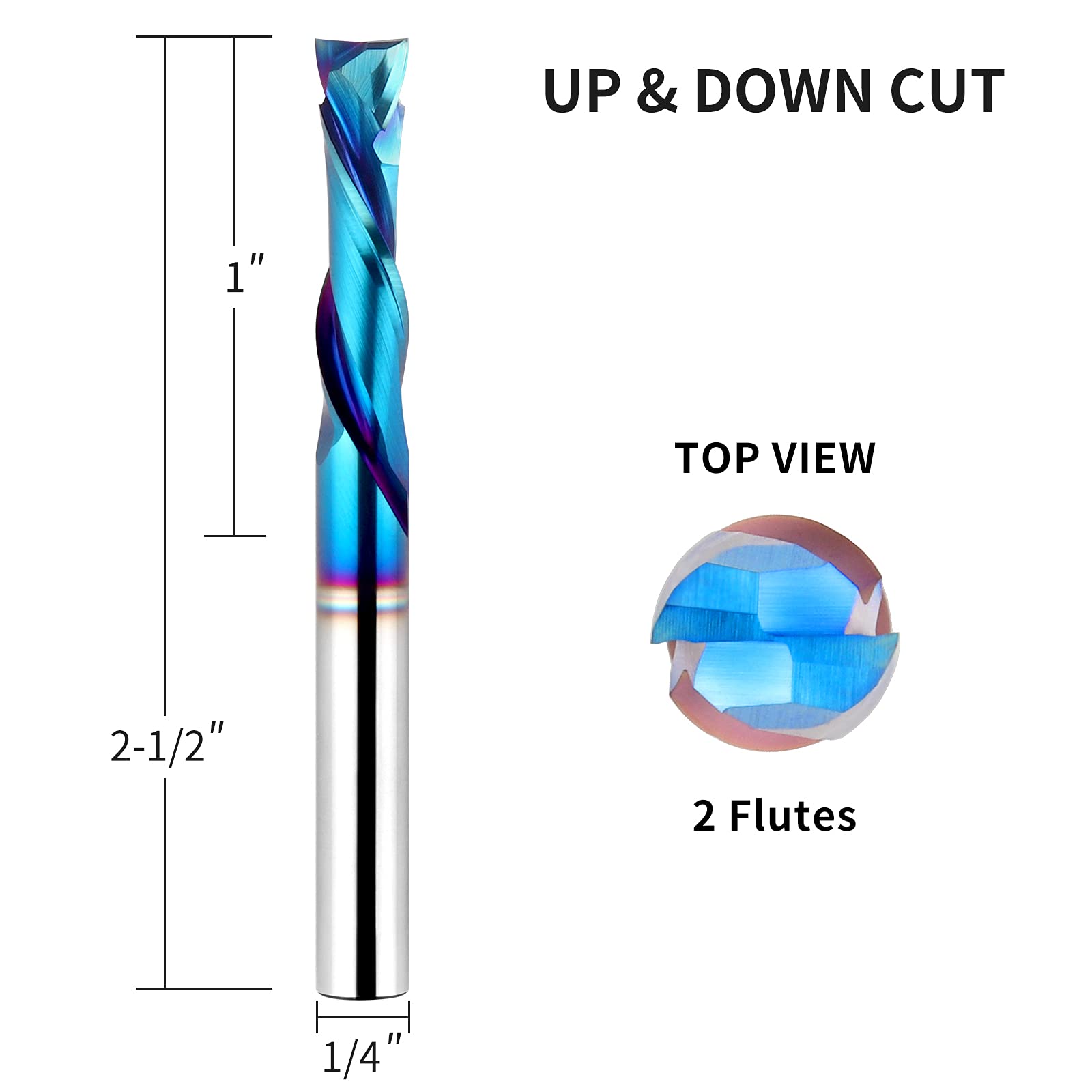 EANOSIC 5PCS Spiral Router Bits Up/Down Cut Compression Bit 1/4 inch Cutting Diameter with Nano Blue Coated, 1/4 inch Shank Solid Carbide CNC End Mill for Wood Carving Engraver Milling Cutters