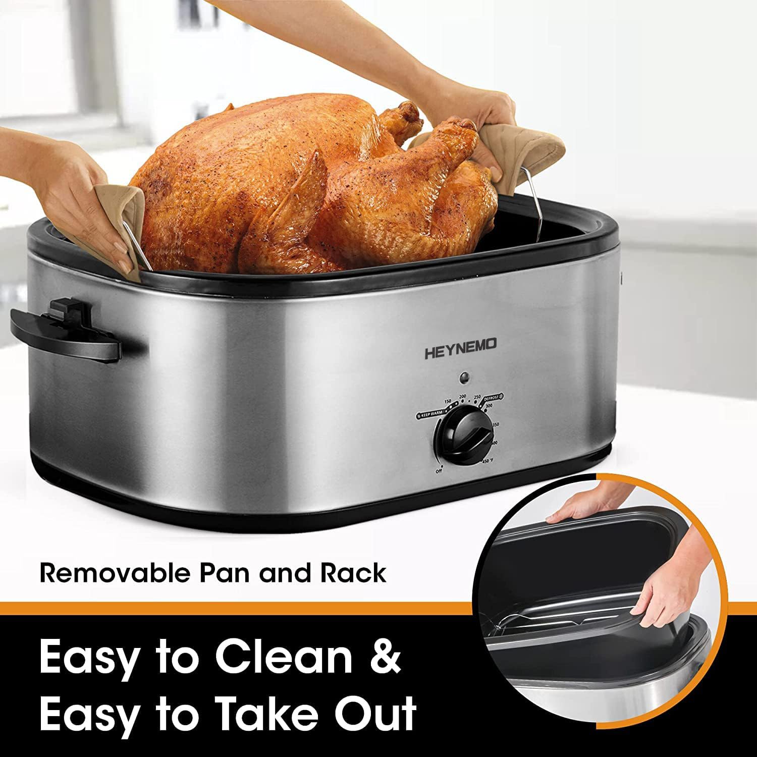 22 Quart Roaster Oven, Electric Turkey Roaster with Self-Basting Lid Design, Large Stainless Steel Electric Turkey Roaster Oven Large Roaster with Removable Pan & Rack, Silver