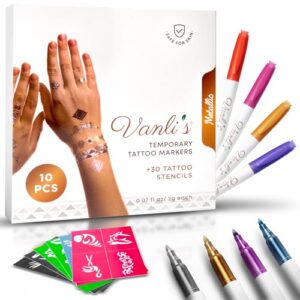 vanli's metallic 10 temporary tattoo markers, temporary tattoo pens with 30 tattoo stencils. stocking stuffers for kids, boys, girls, women.