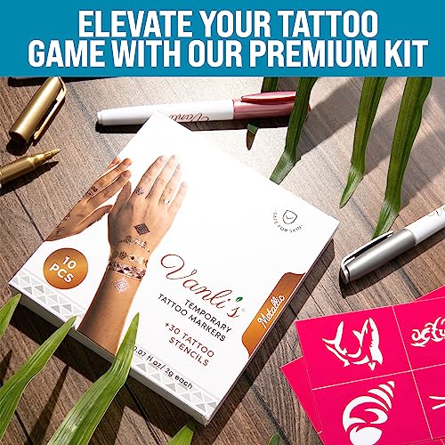 Vanli's Metallic 10 Temporary Tattoo Markers, Temporary Tattoo Pens with 30 Tattoo Stencils. Stocking Stuffers For Kids, Boys, Girls, Women.