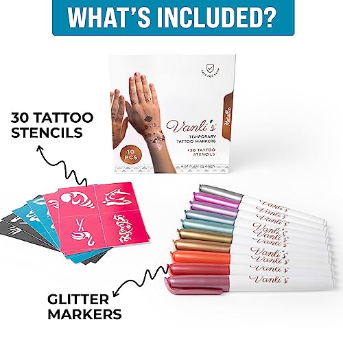 Vanli's Metallic 10 Temporary Tattoo Markers, Temporary Tattoo Pens with 30 Tattoo Stencils. Stocking Stuffers For Kids, Boys, Girls, Women.