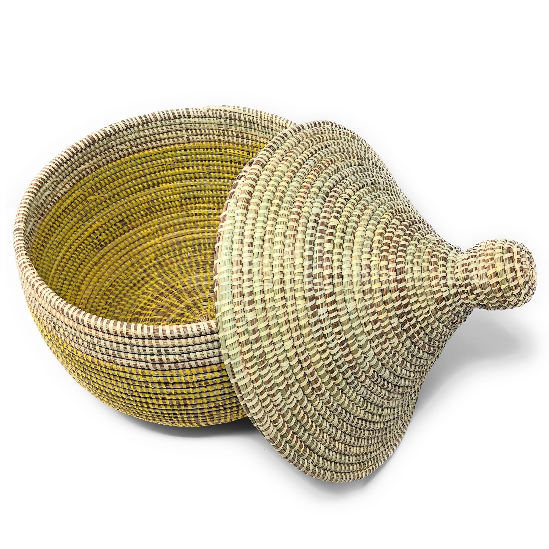 African Fair Trade Handwoven Warming Basket with Lid, Lemon Dipped Yellow