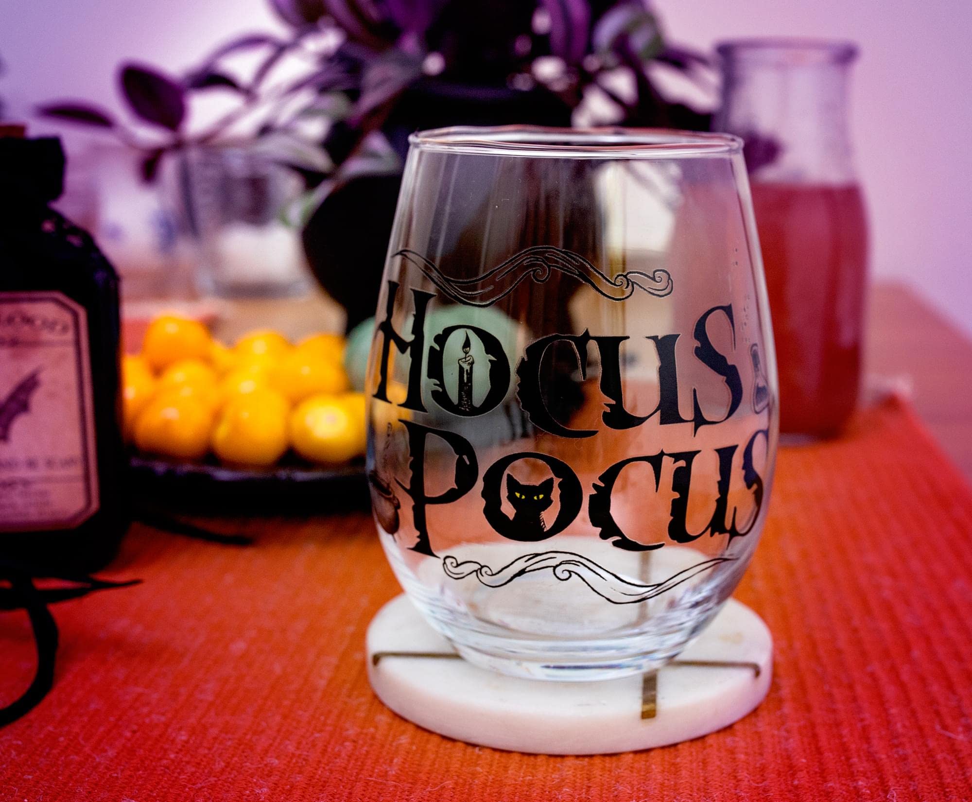 Disney Hocus Pocus Teardrop Stemless Wine Glass | Tumbler Cup For Mimosas, Cocktails | Home Barware For Liquor, Kitchen Decor | Sanderson Sisters Halloween Gifts And Collectibles | Holds 20 Ounces