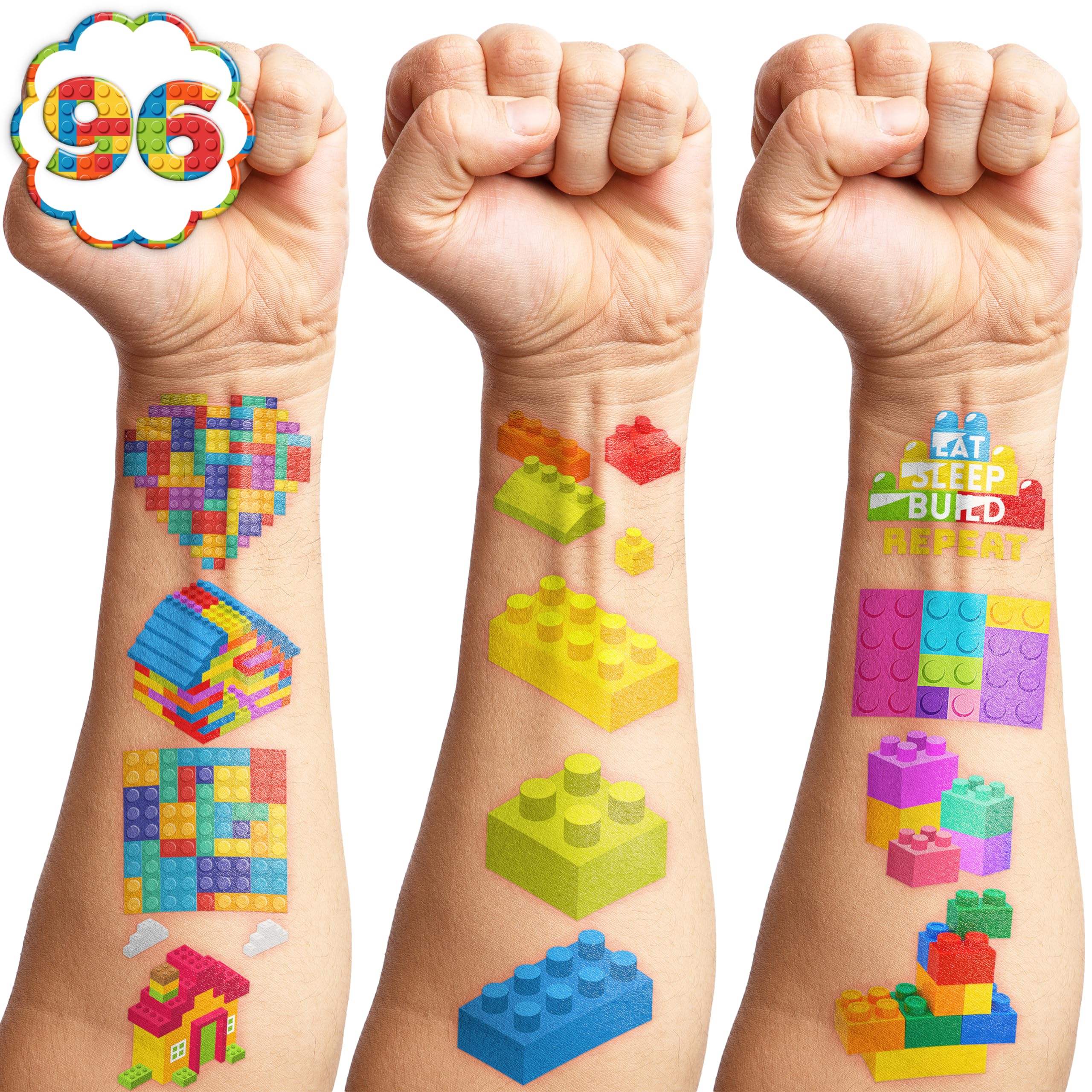 96PCS Building Block Temporary Tattoos Birthday Party Supplies Decorations Tattoos Stickers Super Cute Party Favors Kids Girls Boys Gifts Classroom School Prizes Rewards Themed