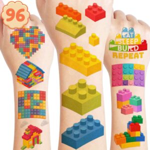 96PCS Building Block Temporary Tattoos Birthday Party Supplies Decorations Tattoos Stickers Super Cute Party Favors Kids Girls Boys Gifts Classroom School Prizes Rewards Themed