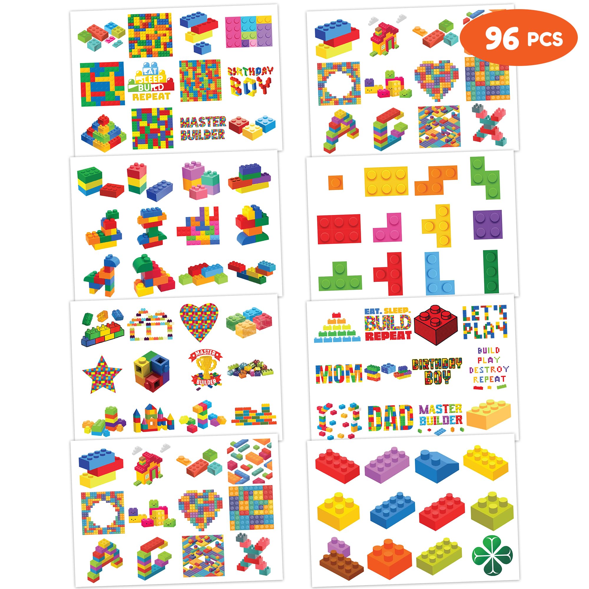 96PCS Building Block Temporary Tattoos Birthday Party Supplies Decorations Tattoos Stickers Super Cute Party Favors Kids Girls Boys Gifts Classroom School Prizes Rewards Themed