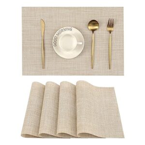 leetaltree beige placemats set of 4 - heat resistant non-slip place mats for dining table, washable durable pvc vinyl woven table mats（beige, 4）