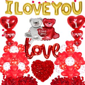 Valentines Day Balloons Decorations I Love You Balloons and Heart Balloons Kit with 1000Pcs Red Silk Rose Petals Flower Decoration Love-Bear Heart Print Balloons Banner for Valentine Party Decorations