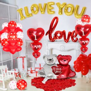 Valentines Day Balloons Decorations I Love You Balloons and Heart Balloons Kit with 1000Pcs Red Silk Rose Petals Flower Decoration Love-Bear Heart Print Balloons Banner for Valentine Party Decorations